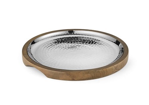 Hammered Stainless Steel Round Platter with wooden Underliner- 7.8 Inc ...